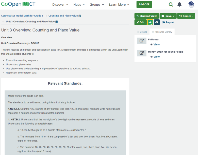 Connecticut Model Math for Grade 1, Counting and Place Value, Unit 2 ...