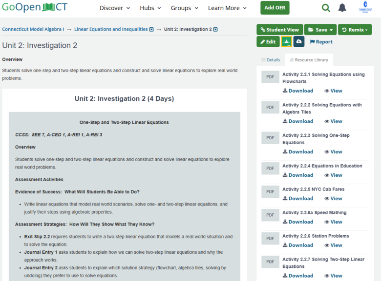 Connecticut Model Algebra I, Linear Equations and Inequalities, Unit 2 ...