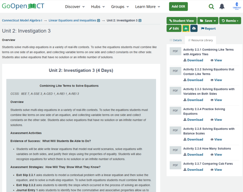 Connecticut Model Algebra I, Linear Equations and Inequalities, Unit 2 ...