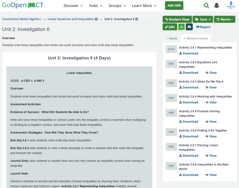Connecticut Model Algebra I, Linear Equations and Inequalities, Unit 2 ...