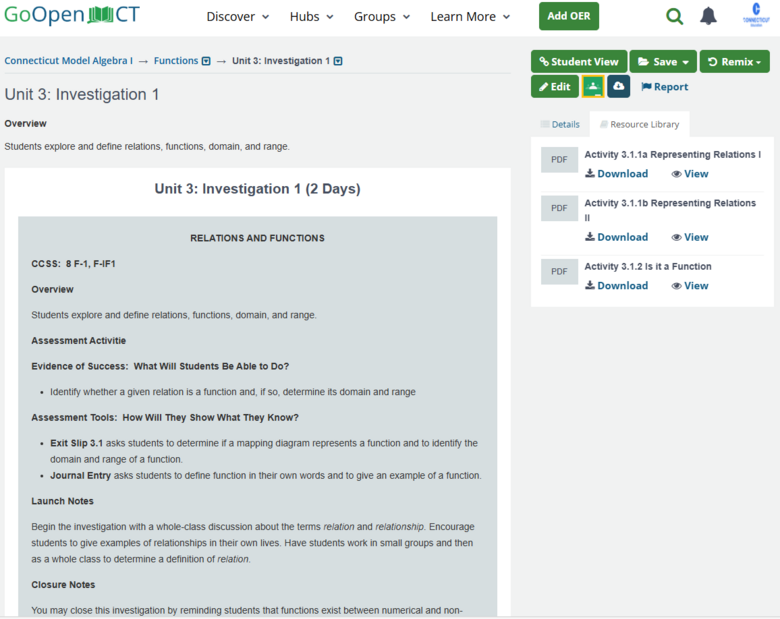 Connecticut Model Algebra I, Functions, Unit 3: Investigation 1 | GoOpen CT