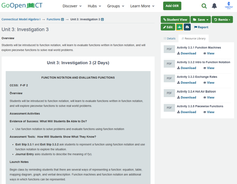 Connecticut Model Algebra I, Functions, Unit 3: Investigation 3 | GoOpen CT