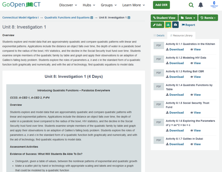 Connecticut Model Algebra I, Quadratic Functions and Equations, Unit 8 ...