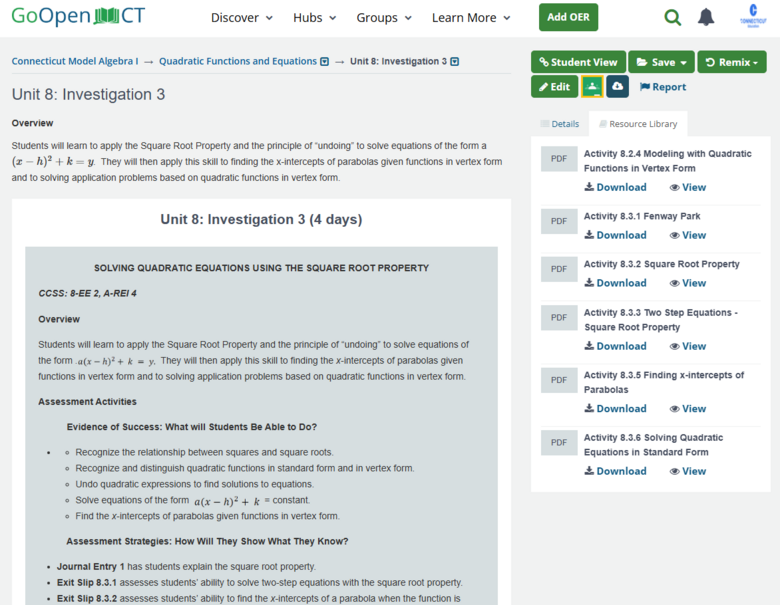 Connecticut Model Algebra I, Quadratic Functions and Equations, Unit 8 ...