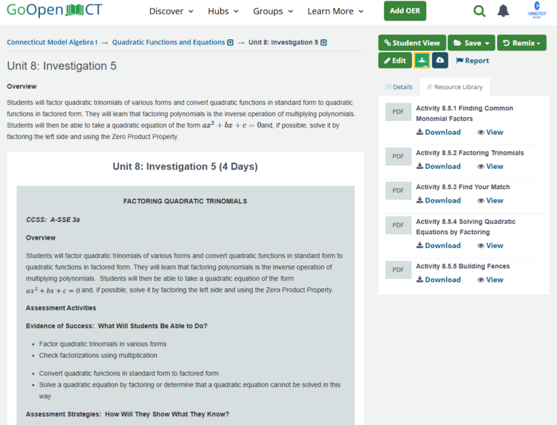 Connecticut Model Algebra I, Quadratic Functions and Equations, Unit 8 ...