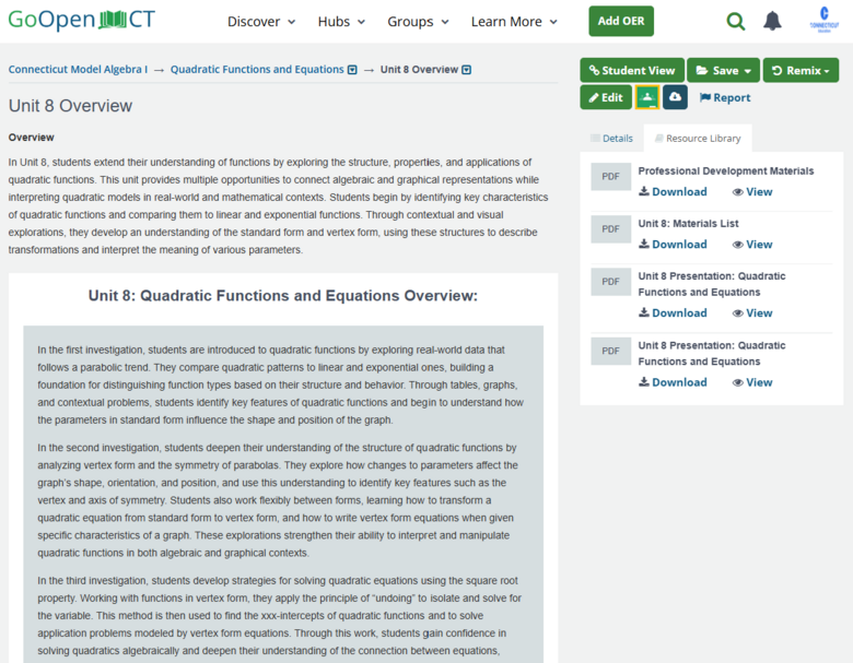 Connecticut Model Algebra I, Quadratic Functions and Equations, Unit 8 ...