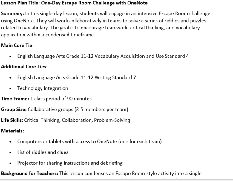 Lesson Plan Title: One-Day Escape Room Challenge with OneNote | #GoOpenUSVI