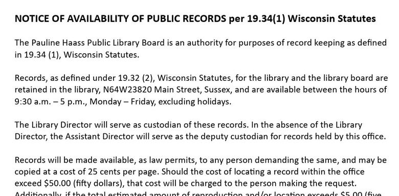 Notice of Availability of Public Records - Pauline Haass Public Library ...